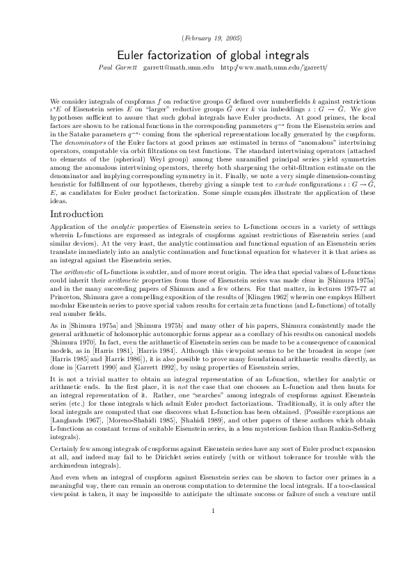 (PDF) Euler factorization of global integrals