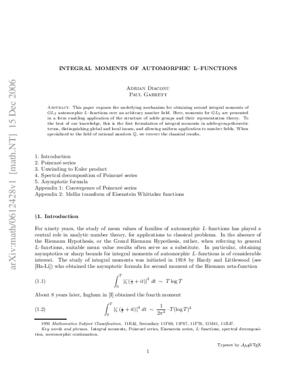 (PDF) Second Integral Moments of Automorphic L-Functions on GL2