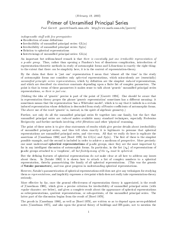 (PDF) Primer of Unramified Principal Series