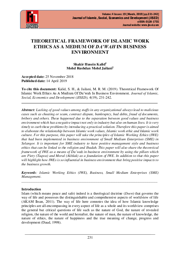 (PDF) THEORETICAL FRAMEWORK OF ISLAMIC WORK ETHICS AS A MEDIUM OF DA'WAH IN BUSINESS ENVIRONMENT