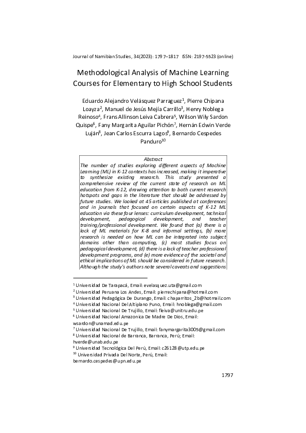 (PDF) Methodological Analysis of Machine Learning Courses for Elementary to High School Students