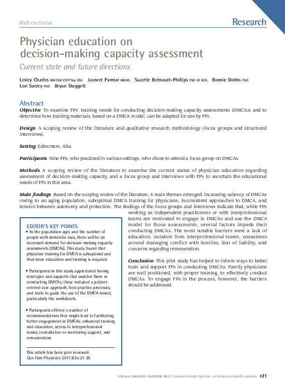 Physician education on decision-making capacity assessment: Current ...