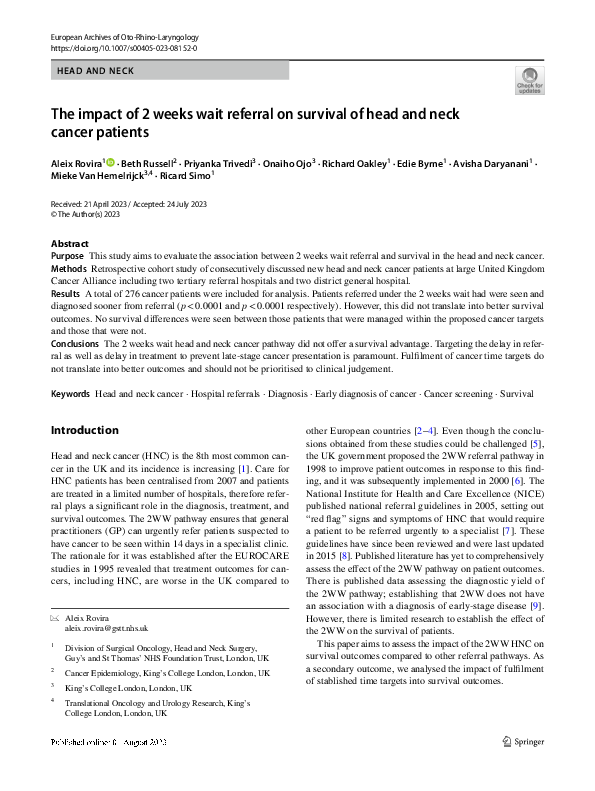 (PDF) The impact of 2 weeks wait referral on survival of head and neck ...