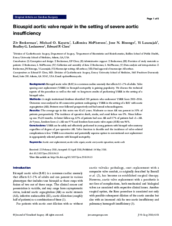 (PDF) Bicuspid aortic valve repair in the setting of severe aortic ...