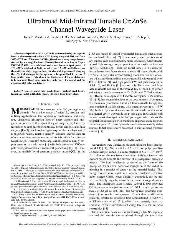 (PDF) Ultrabroad Mid-Infrared Tunable Cr:ZnSe Channel Waveguide Laser