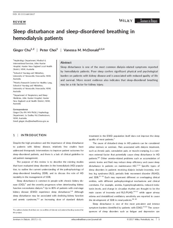 (PDF) Sleep disturbance and sleep-disordered breathing in hemodialysis ...