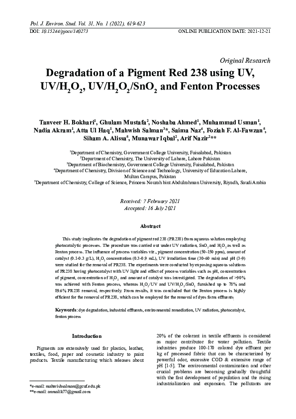 (PDF) Degradation of a Pigment Red 238 using UV, UV/H2O2, UV/H2O2/SnO2 and Fenton Processes