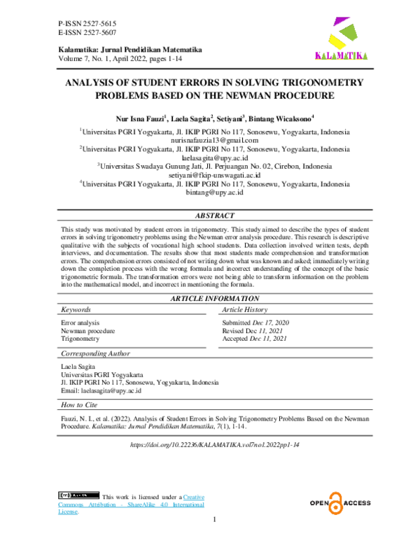 (PDF) Analysis of Student Errors in Solving Trigonometry Problems Based on the Newman Procedure