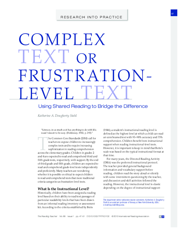 (PDF) Complex Text or Frustration-Level Text: Using Shared Reading to ...