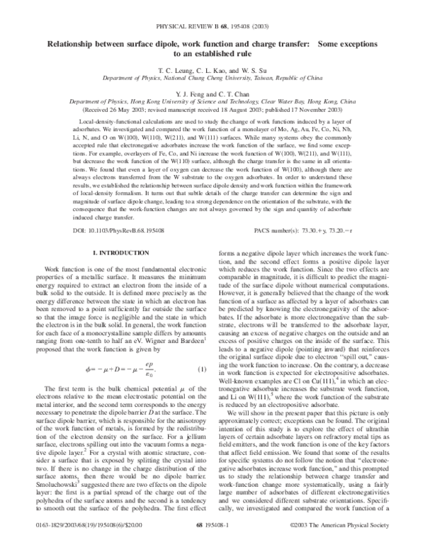 Pdf Relationship Between Surface Dipole Work Function And Charge