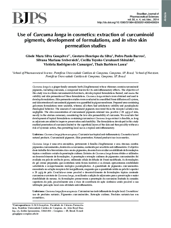 (PDF) Use of Curcuma longa in cosmetics: extraction of curcuminoid ...
