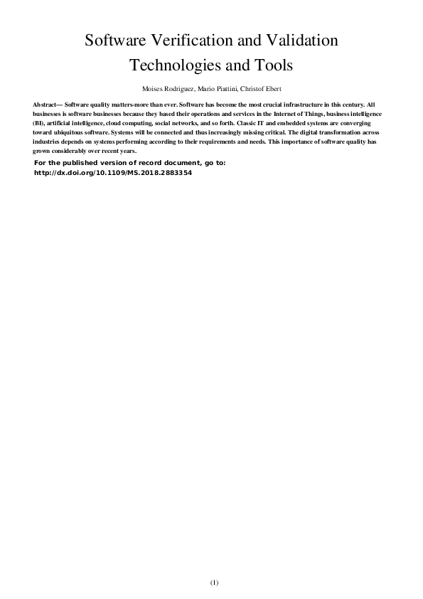 (PDF) Software Verification and Validation Technologies and Tools | MOISES RODRIGUEZ - Academia.edu