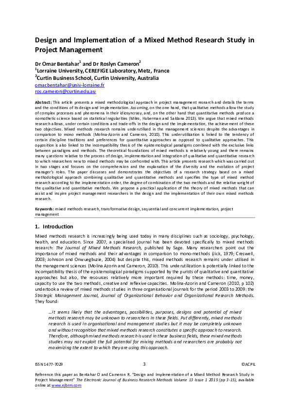 (PDF) Design and Implementation of a Mixed Method Research Study in Project Management