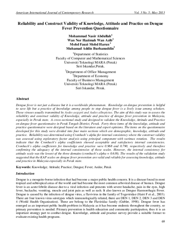 (PDF) Reliability and Construct Validity of Knowledge, Attitude and Practice on Dengue Fever ...
