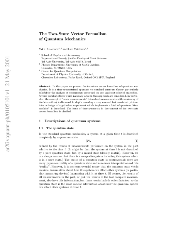 (PDF) The Two-State Vector Formalism of Quantum Mechanics