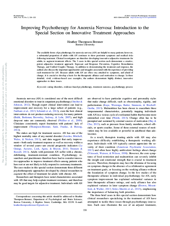 (PDF) Improving psychotherapy for anorexia nervosa: Introduction to the ...