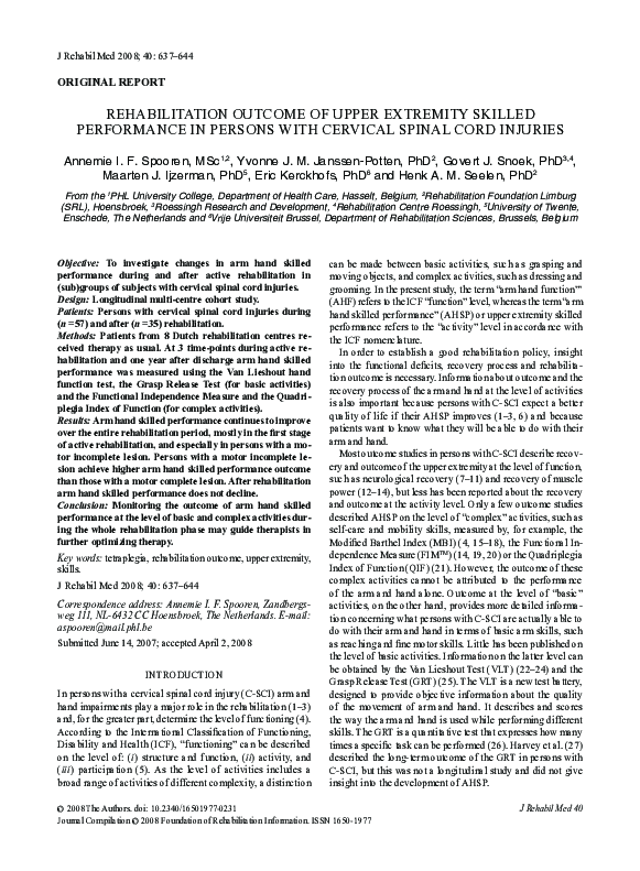 (PDF) Rehabilitation outcome of upper extremity skilled performance in persons with cervical ...