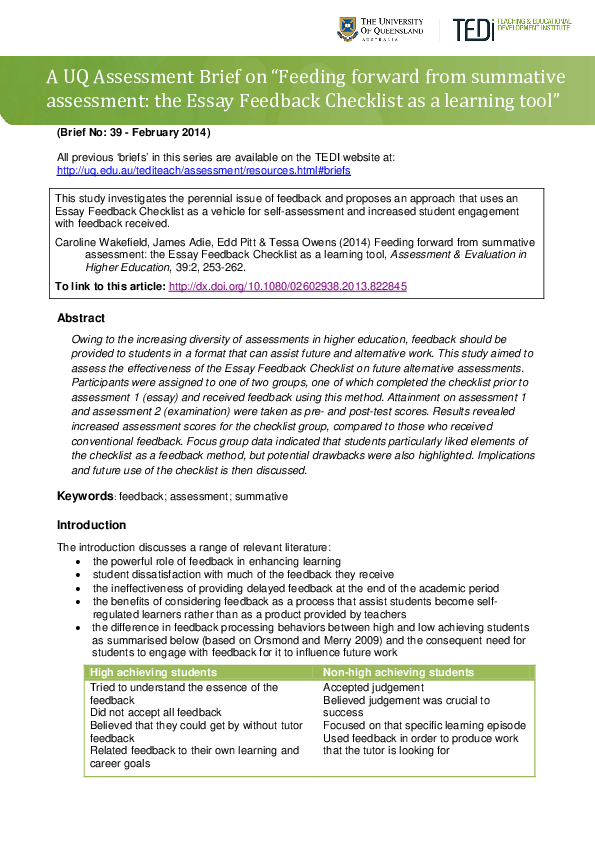 (PDF) Feeding forward from summative assessment: the Essay Feedback ...
