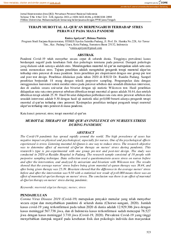 (PDF) Terapi Murottal Al-Qur’an Berpengaruh terhadap Stres Perawat pada Masa Pandemi
