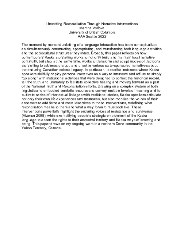 (DOC) Unsettling Reconciliation Through Narrative Interventions