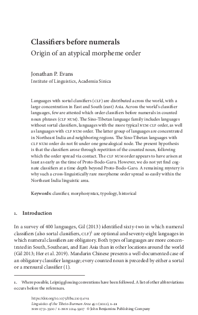 (PDF) Classifiers before numerals Origin of an atypical morpheme order