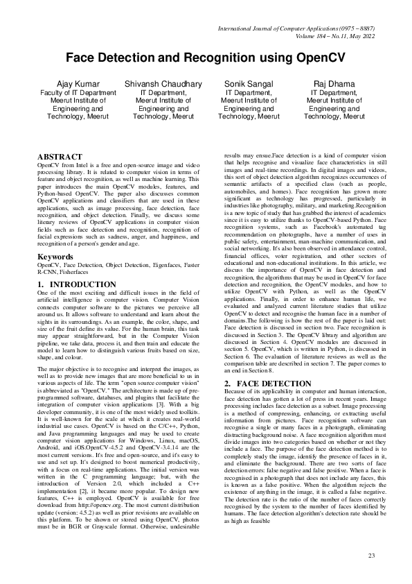 Pdf Face Detection And Recognition Using Opencv Shivansh Chaudhary