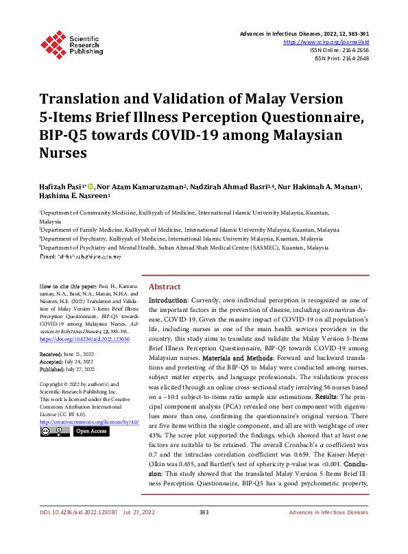 (PDF) Translation and Validation of Malay Version 5-Items Brief Illness Perception Questionnaire ...