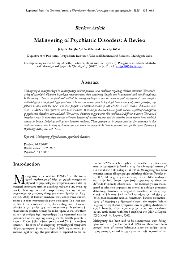 (PDF) Malingering in Psychiatric Disorders: A Comprehensive Review