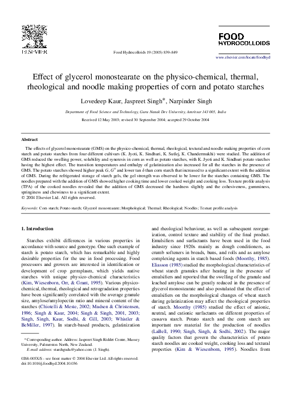 (PDF) Effect of glycerol monostearate on the physico-chemical, thermal, rheological and noodle ...
