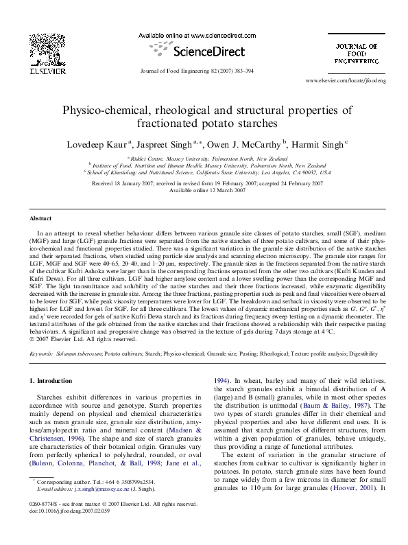 (PDF) Physico-chemical, rheological and structural properties of fractionated potato starches ...