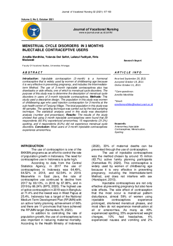 (PDF) Description of Menstrual Cycle Disorders in 3 Months Injectable ...