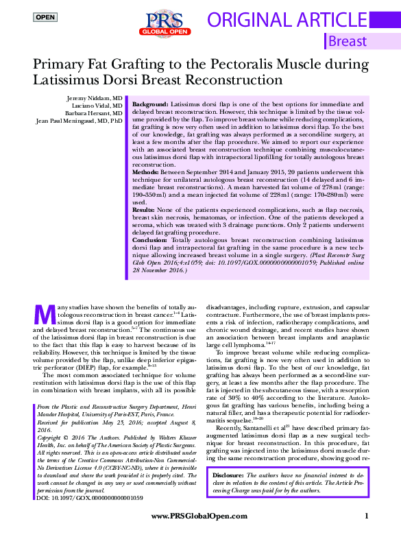 (PDF) Primary Fat Grafting to the Pectoralis Muscle during Latissimus ...