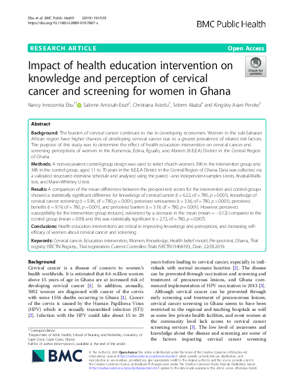 Pdf Impact Of Health Education Intervention On Knowledge And Perception Of Cervical Cancer And