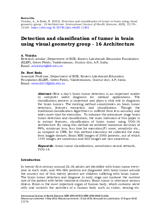 Pdf Detection And Classification Of Tumor In Brain Using Visual Geometry Group