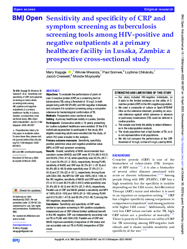 (PDF) Sensitivity and specificity of CRP and symptom screening as ...