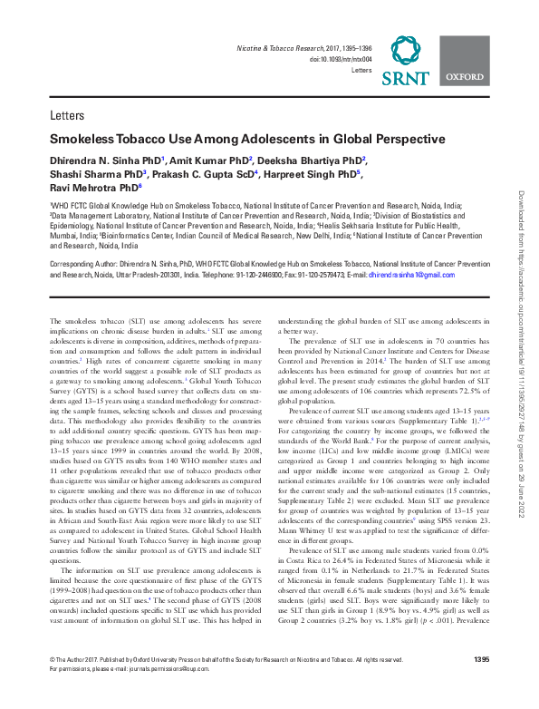 (PDF) Smokeless Tobacco Use Among Adolescents in Global Perspective