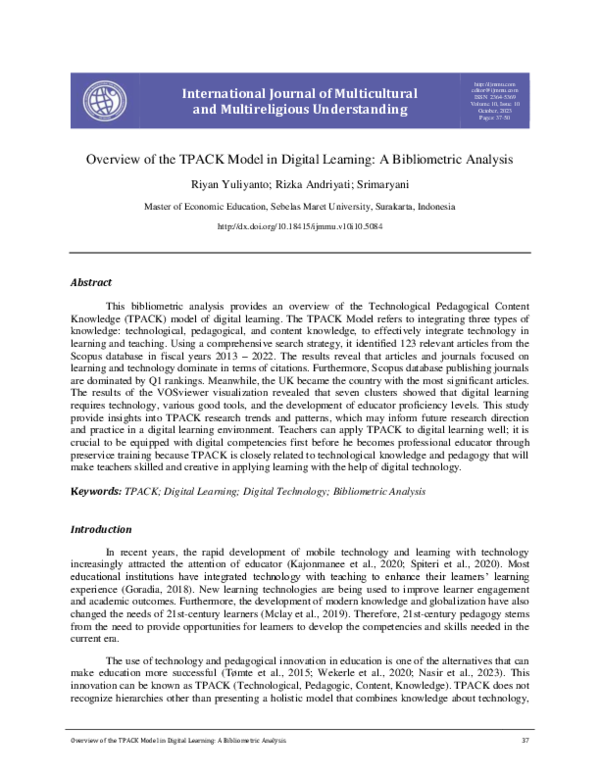 (PDF) Overview of the TPACK Model in Digital Learning: A Bibliometric Analysis