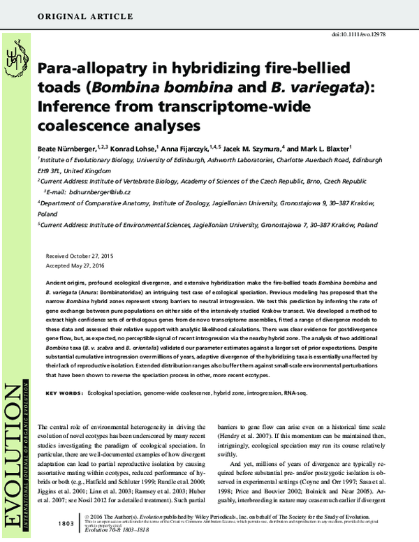 (PDF) Para-allopatry in hybridizing fire-bellied toads ( Bombina ...