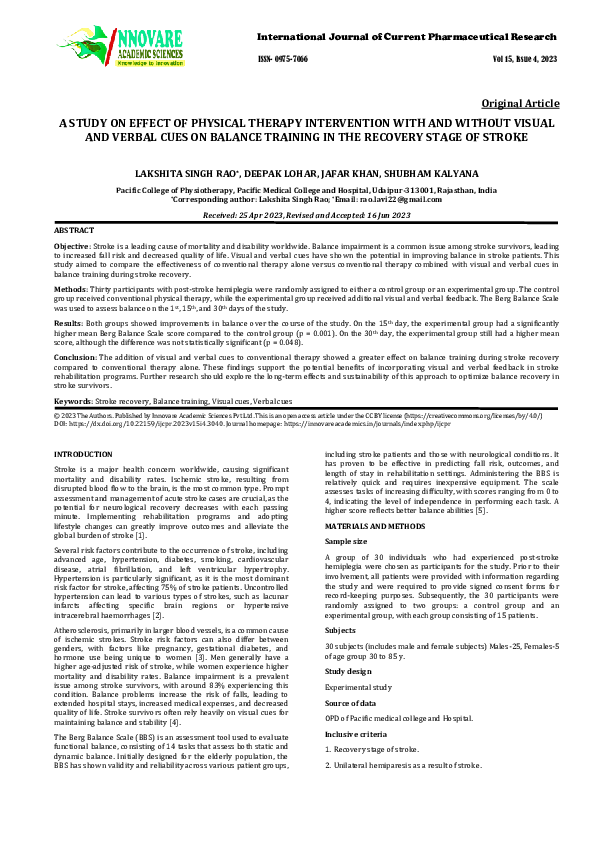 (PDF) A Study on Effect of Physical Therapy Intervention with and Without Visual and Verbal Cues ...