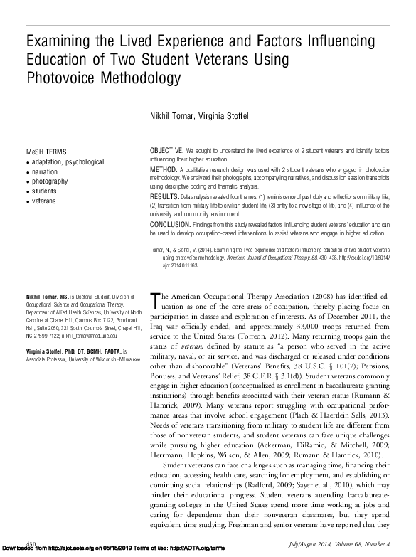 (PDF) Examining the lived experience and factors influencing education of two student veterans ...