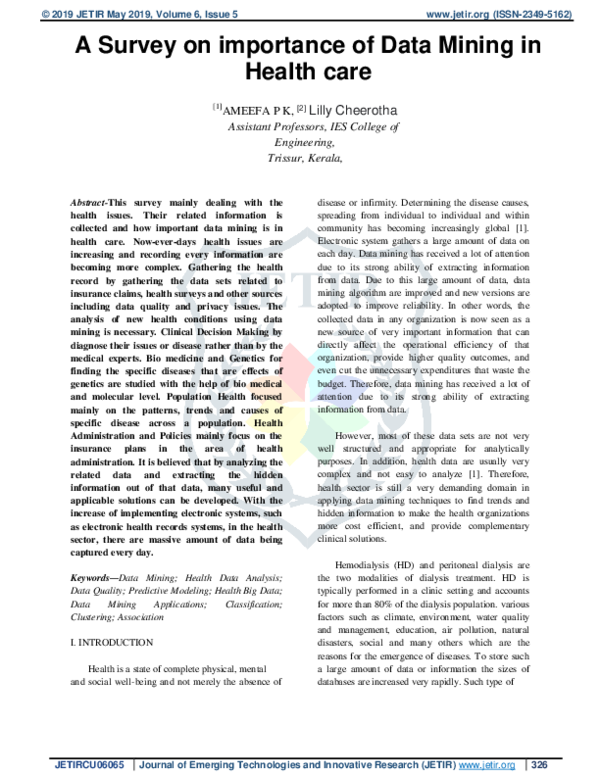 (PDF) A Survey on importance of Data Mining in Health care