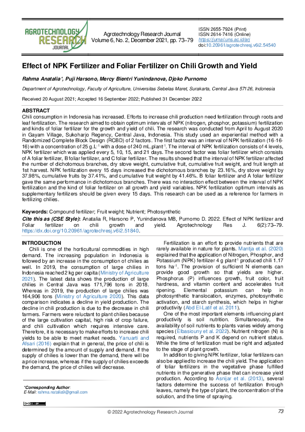 Pdf Effect Of Npk Fertilizer And Foliar Fertilizer On Chili Growth