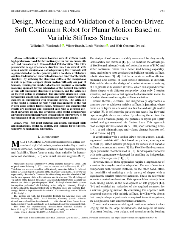 Pdf Design Modeling And Validation Of A Tendon Driven Soft Continuum Robot For Planar Motion 4138