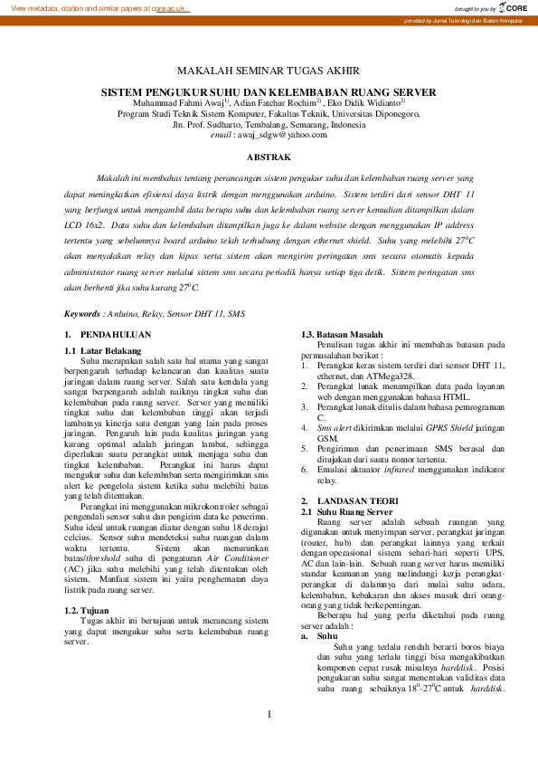 (PDF) Sistem Pengukur Suhu dan Kelembaban Ruang Server