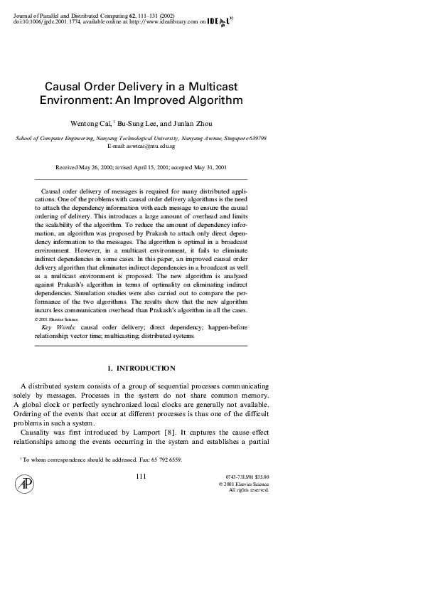 Pdf Causal Order Delivery In A Multicast Environment An Improved Algorithm 4984