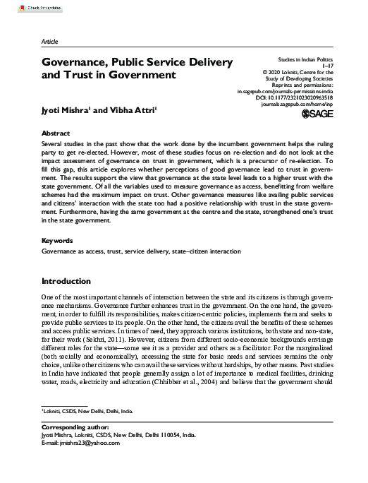 (PDF) Governance, Public Service Delivery and Trust in Government