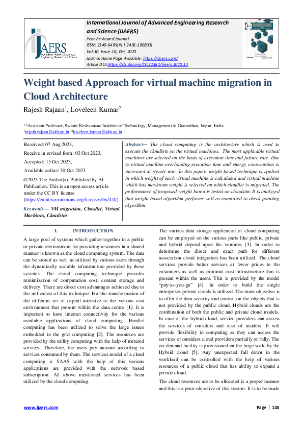 Pdf Weight Based Approach For Virtual Machine Migration In Cloud Architecture
