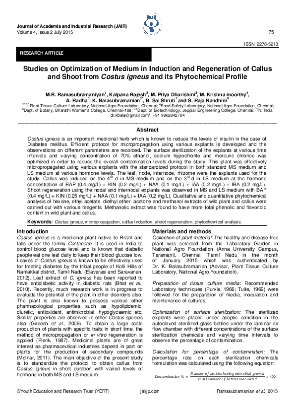 (PDF) Studies on Optimization of Medium in Induction and Regeneration of Callus and Shoot from ...