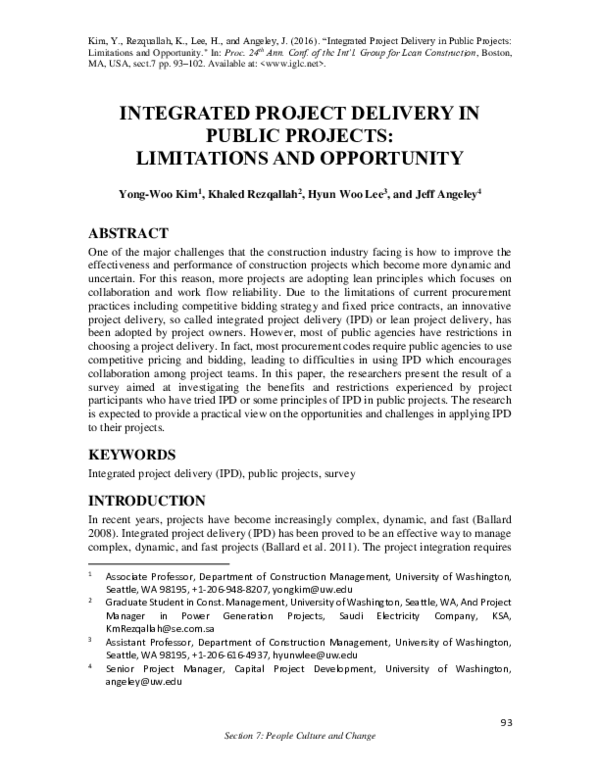 (PDF) Integrated Project Delivery in Public Projects: Limitations and ...
