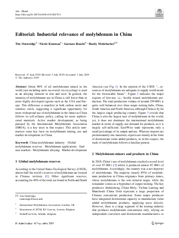(PDF) Editorial: Industrial relevance of molybdenum in China